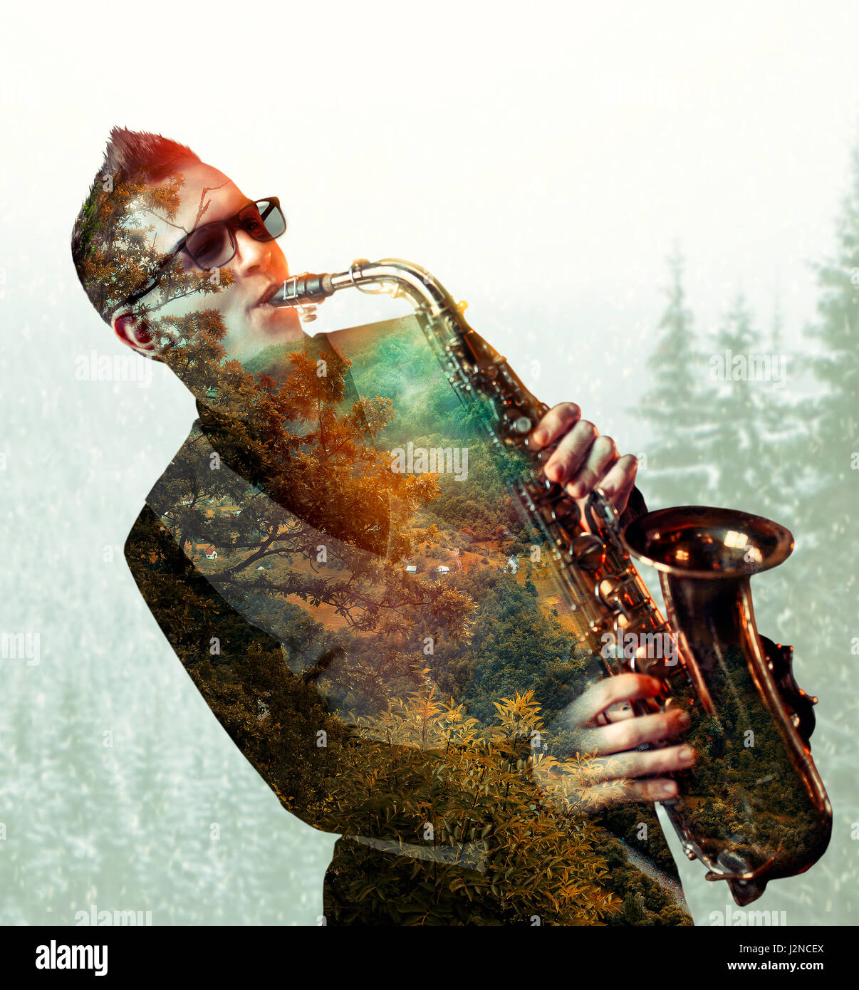 Male saxophonist playing on saxophone, forest texture and background ...