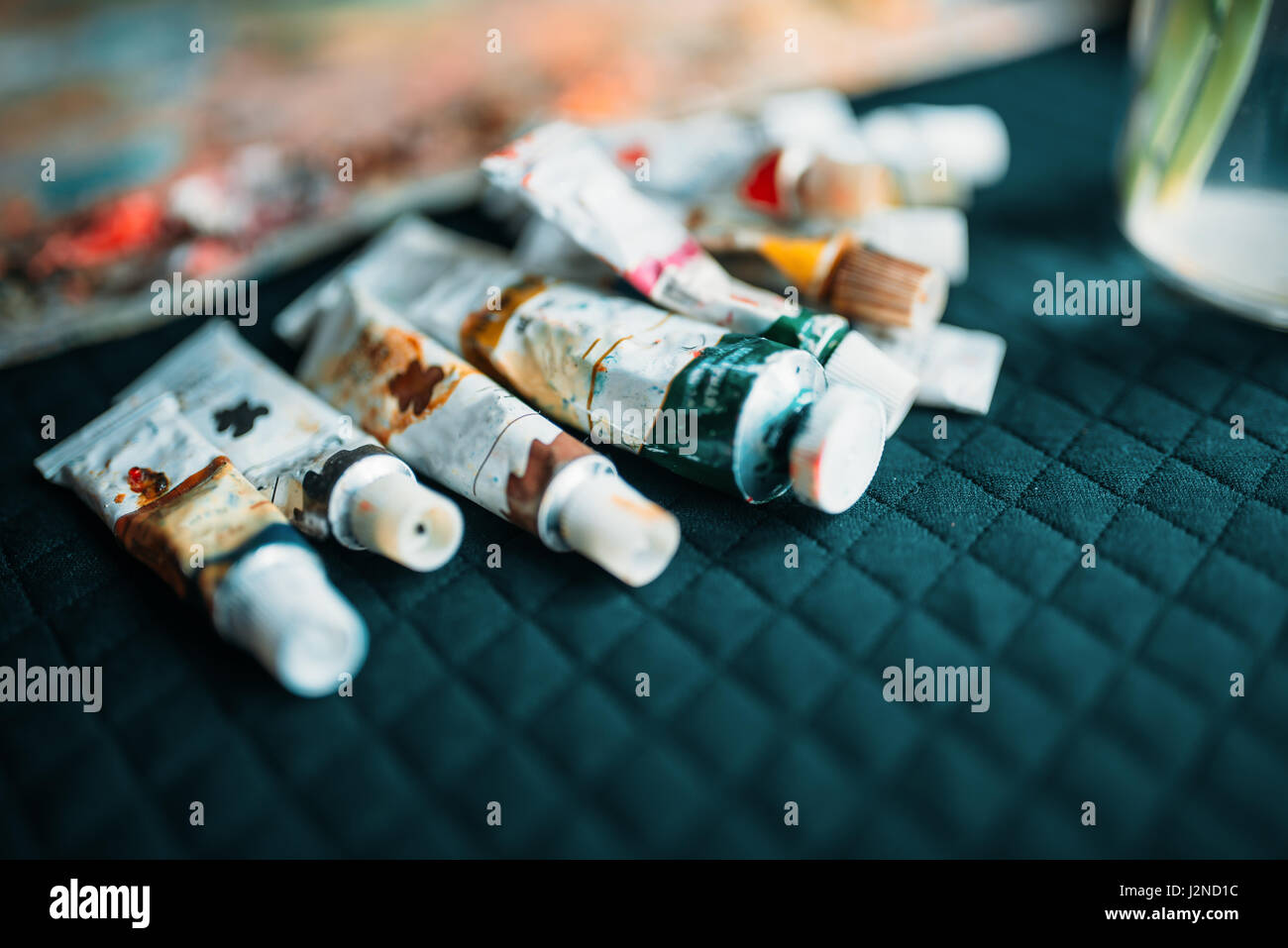 Used paint tubes closeup view. Painter tools and acessories Stock Photo ...