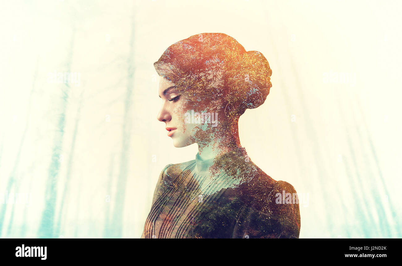 Female body with grunge texture, double exposure effect. Woman on blur ...