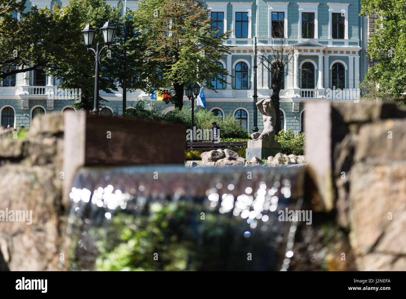 Riga. Latvia. The urban landscape with a waterfall and sculpture Stock ...