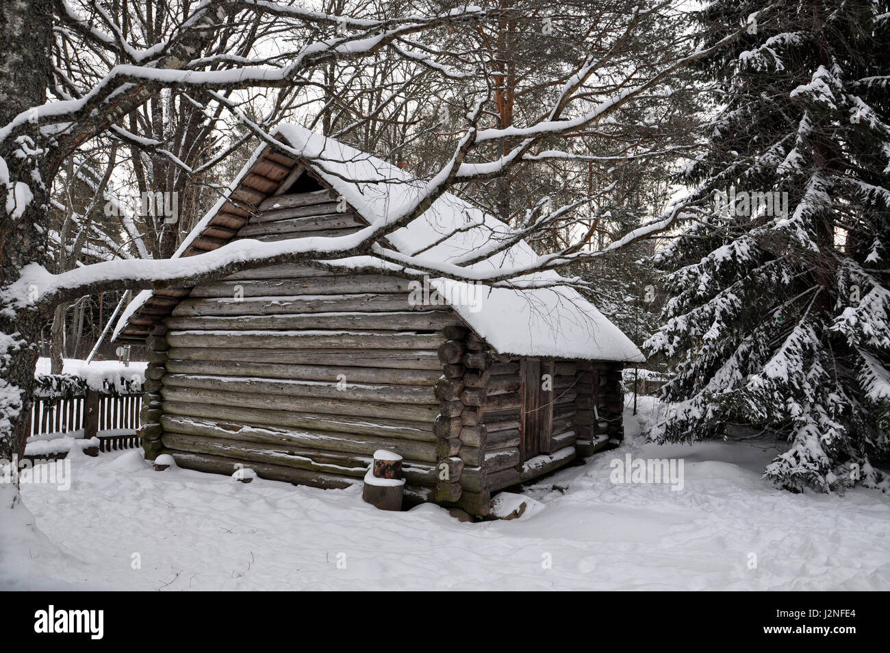 Winter landscape. White snow-covered log house Stock Photo - Alamy