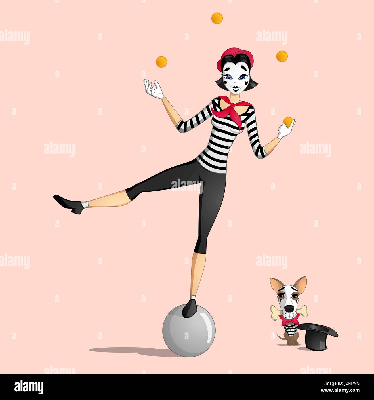 A girl mime performing a pantomime called juggling on the ball and a ...