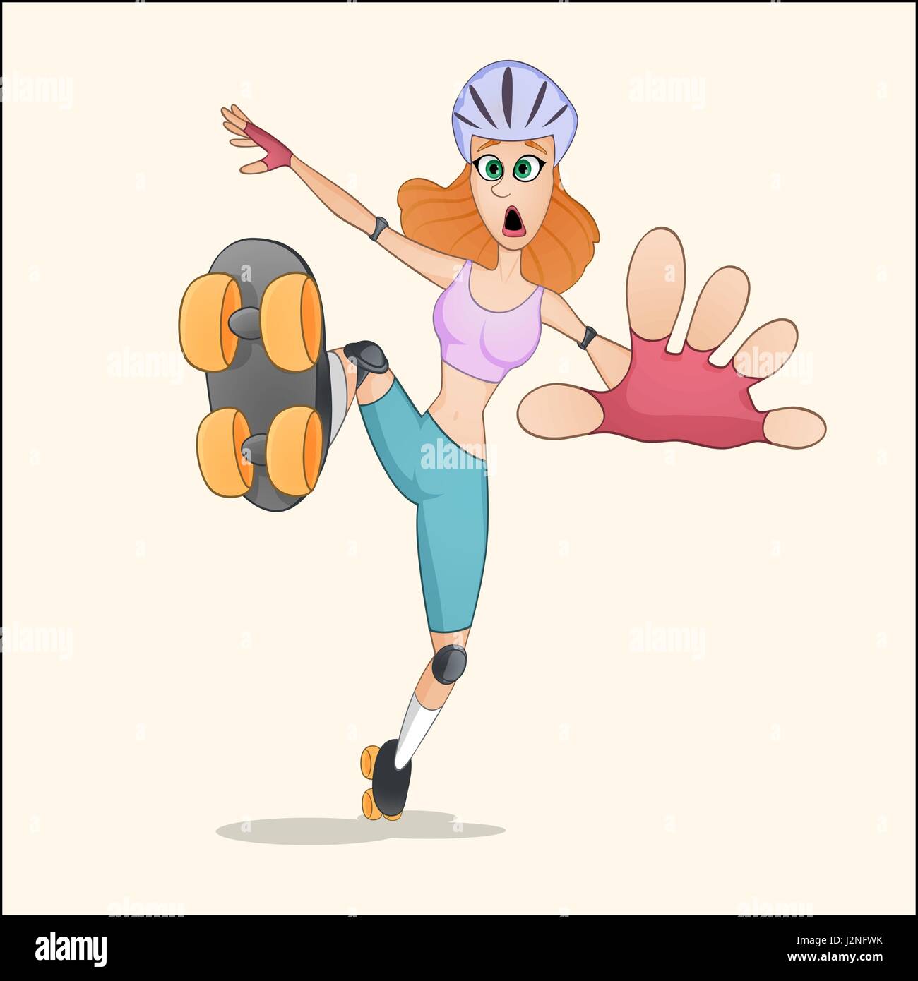 Red haired roller skating girl in helmet about to fall drawn in cartoon ...