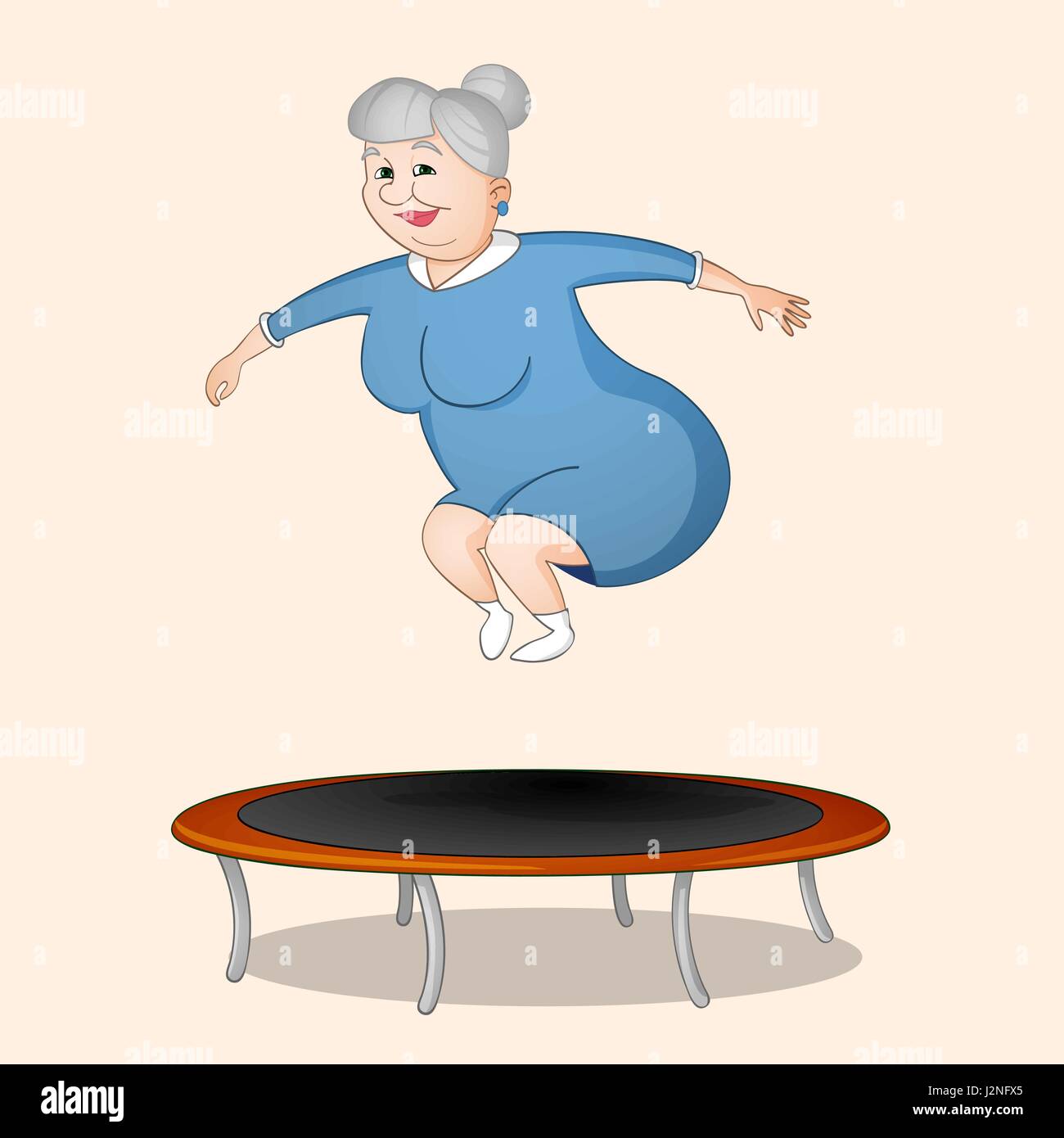 Old woman grandma in blue dress jumping on trampoline drawn in cartoon ...