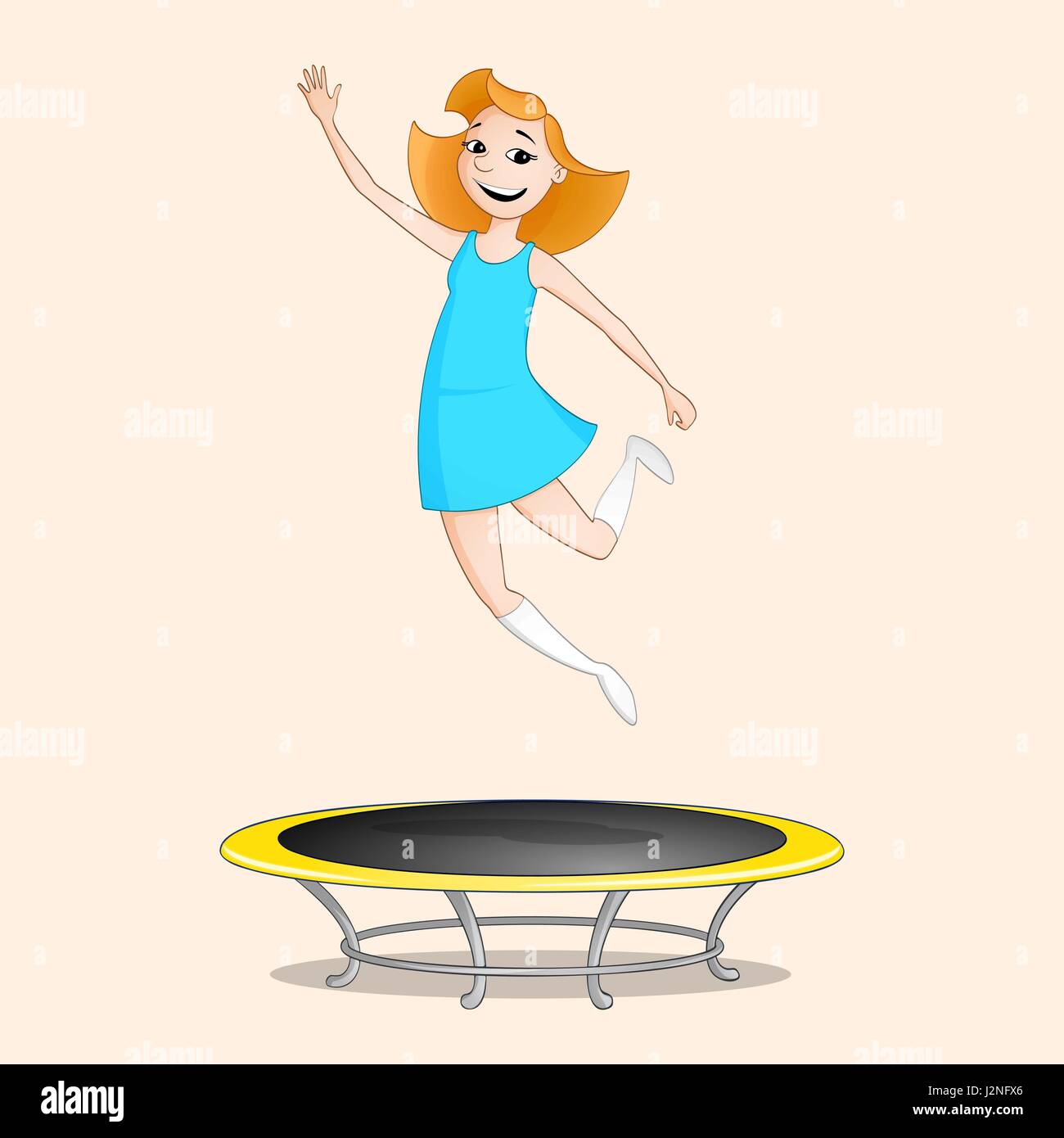 Red haired girl in blue dress jumping on trampoline drawn in cartoon ...