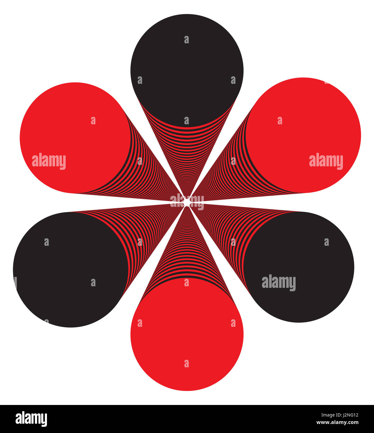 Tubular layered towers in red and black isolated on a white background ...