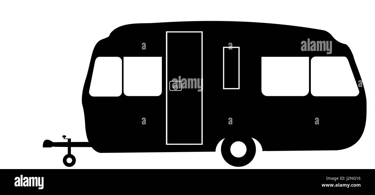 A retro style family caravan silhouette isolated on a white background ...