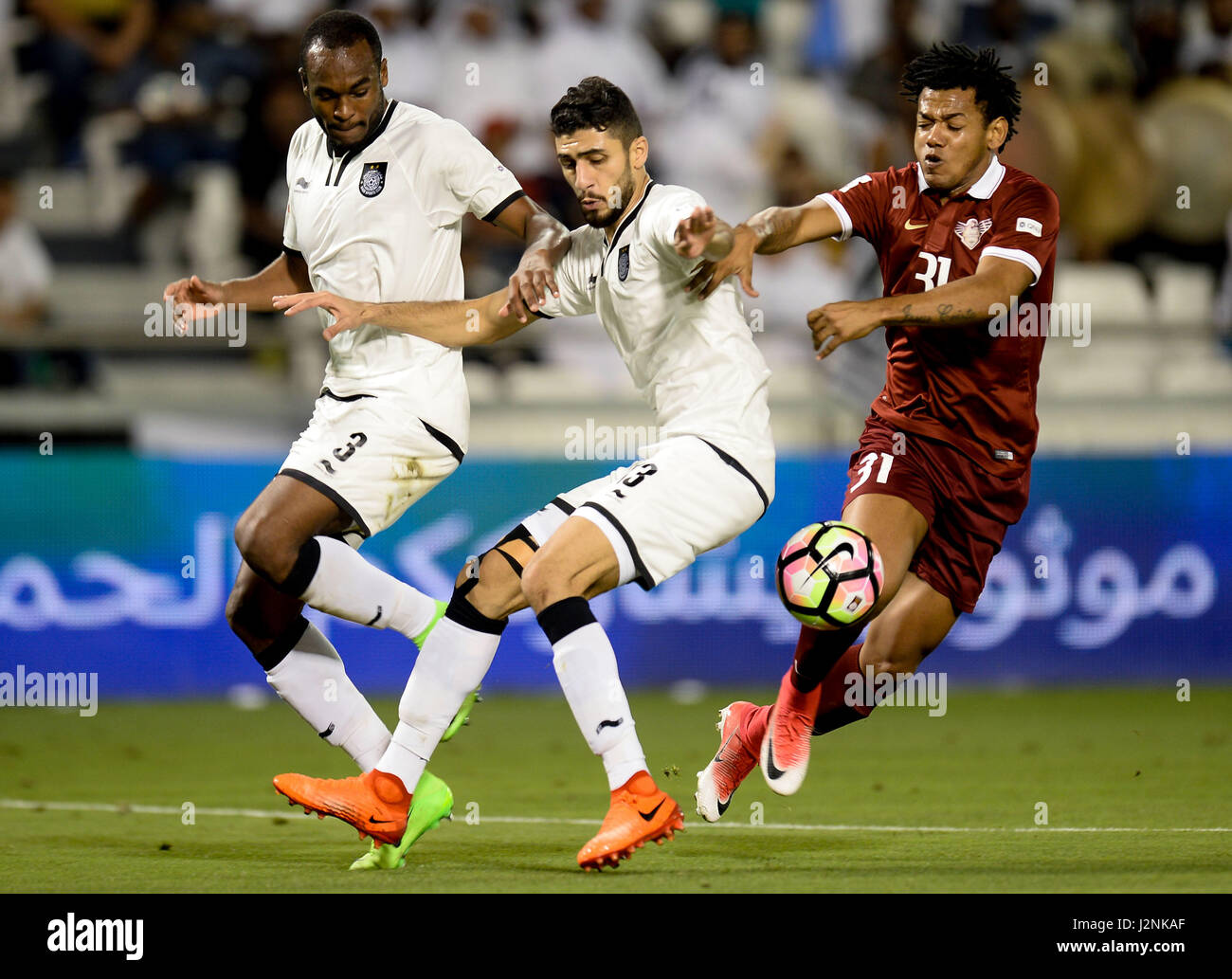 Doha. 29th Apr, 2017. Al Sadd's Abdulkarim Hassan(L) and Ibrahim Majed ...