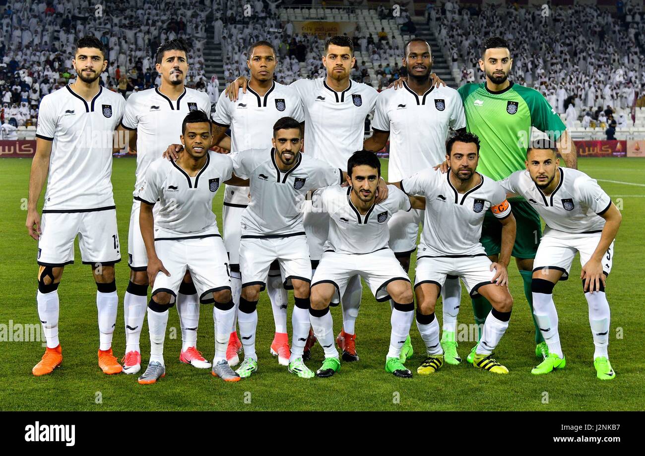 Doha. 29th Apr, 2017. Players of Al Sadd line up ahead of the Qatar Cup ...