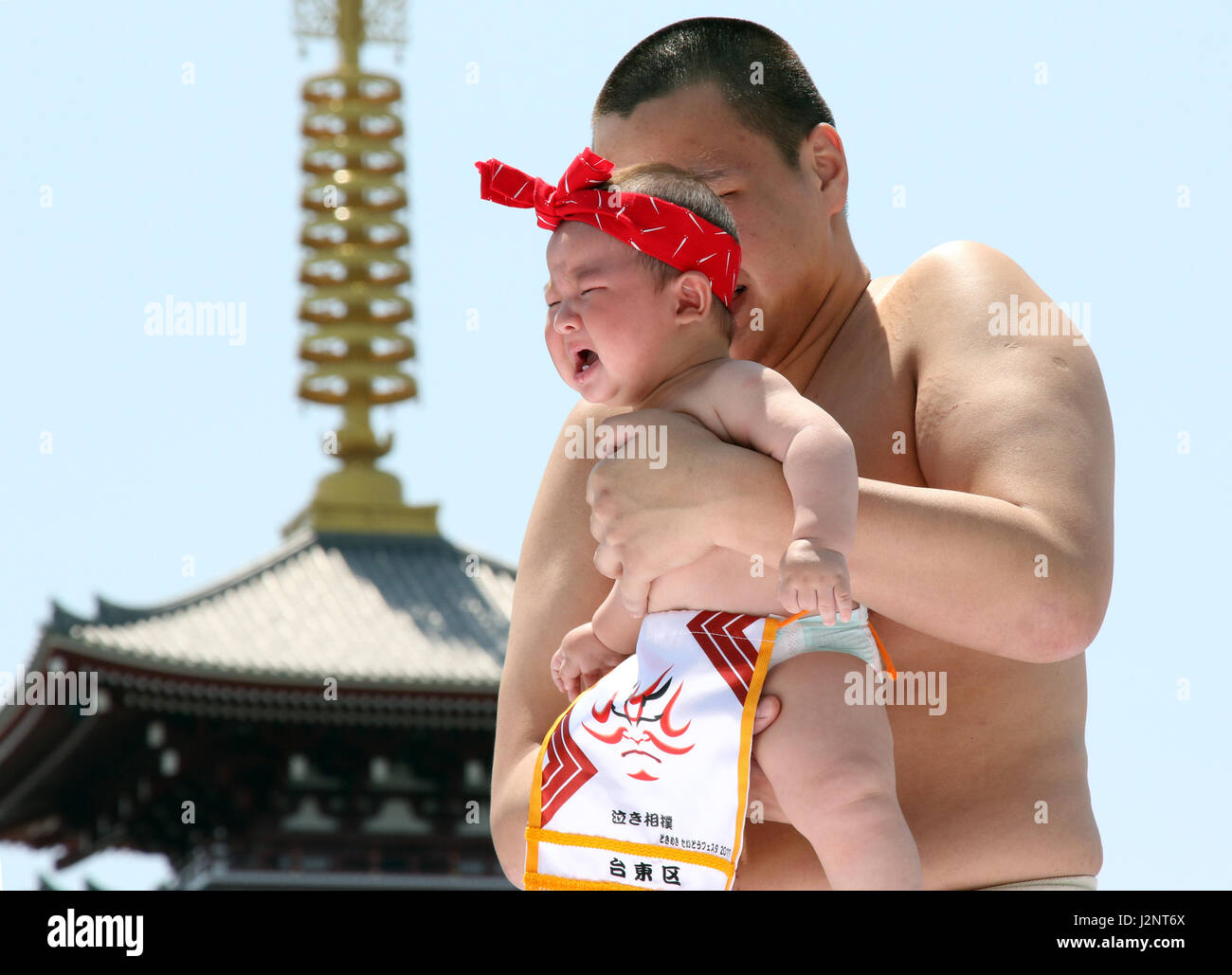 Tokyo, Japan. 30th April, 2017. A baby held by an amateur sumo wrestler ...