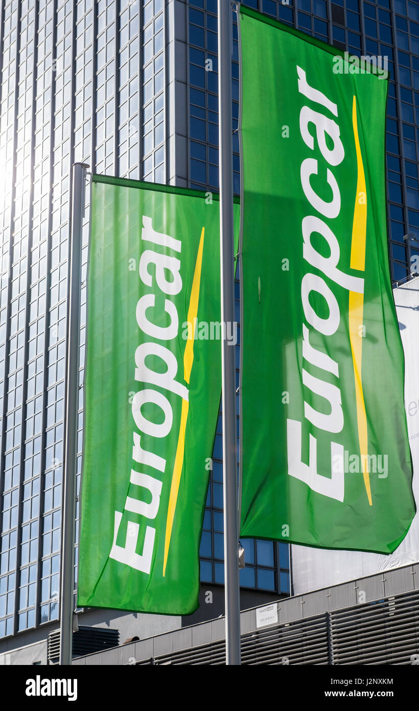 'Europcar' can be seen on flags in Berlin, Germany, 30 April 2017 ...