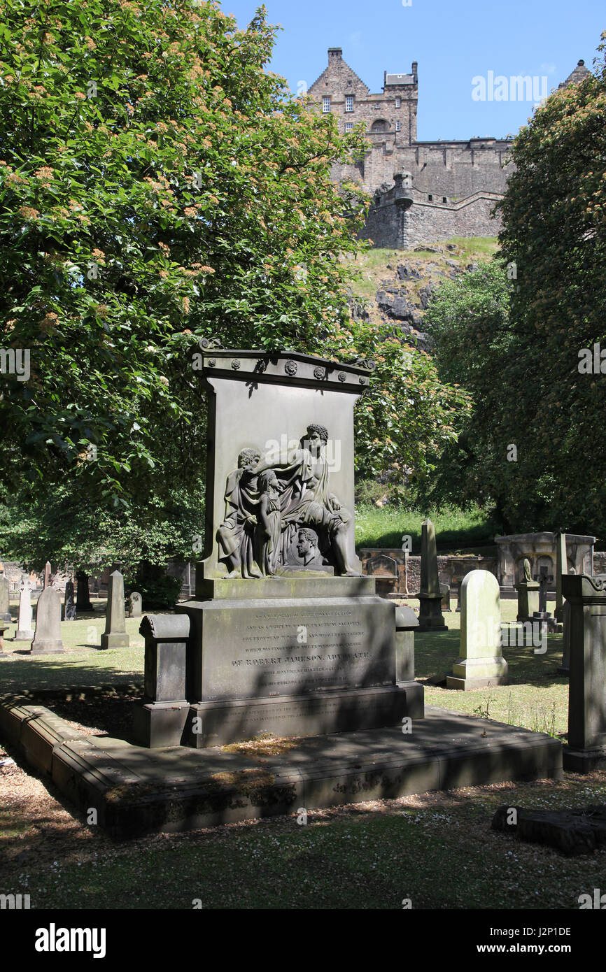 Edinburgh Castle looking over the headstones in the graveyard of St ...