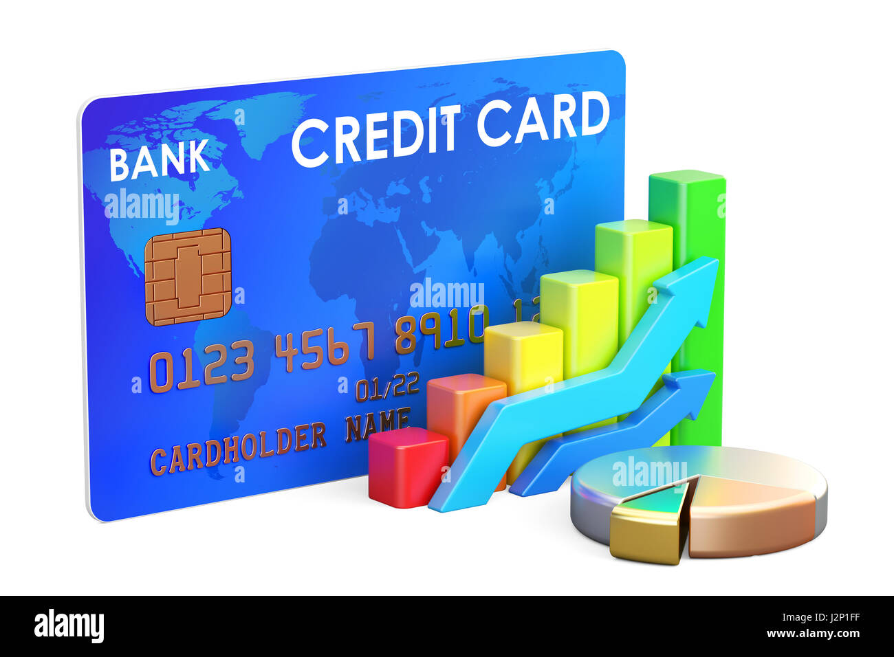 Credit card with chart and diagram, 3D rendering isolated on white ...