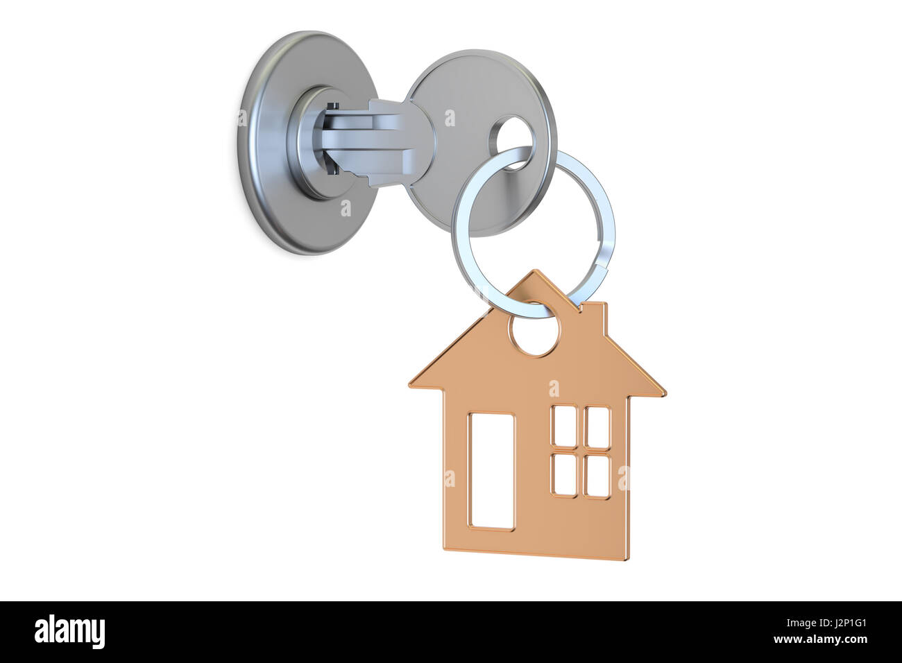 House key with keychain in the lock, 3D rendering isolated on white ...