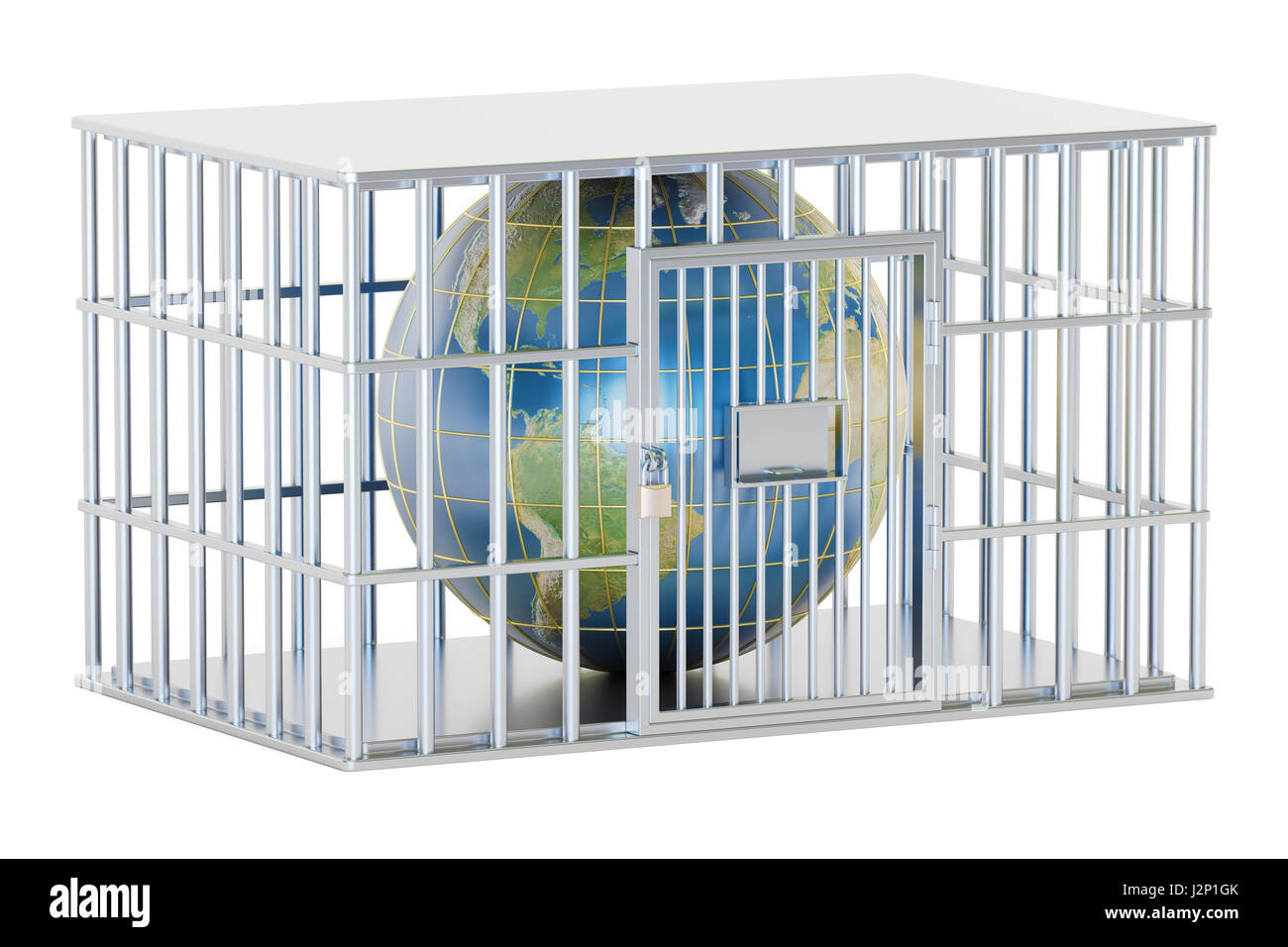 Steel cage, prison cell with Earth globe. 3D rendering isolated on ...