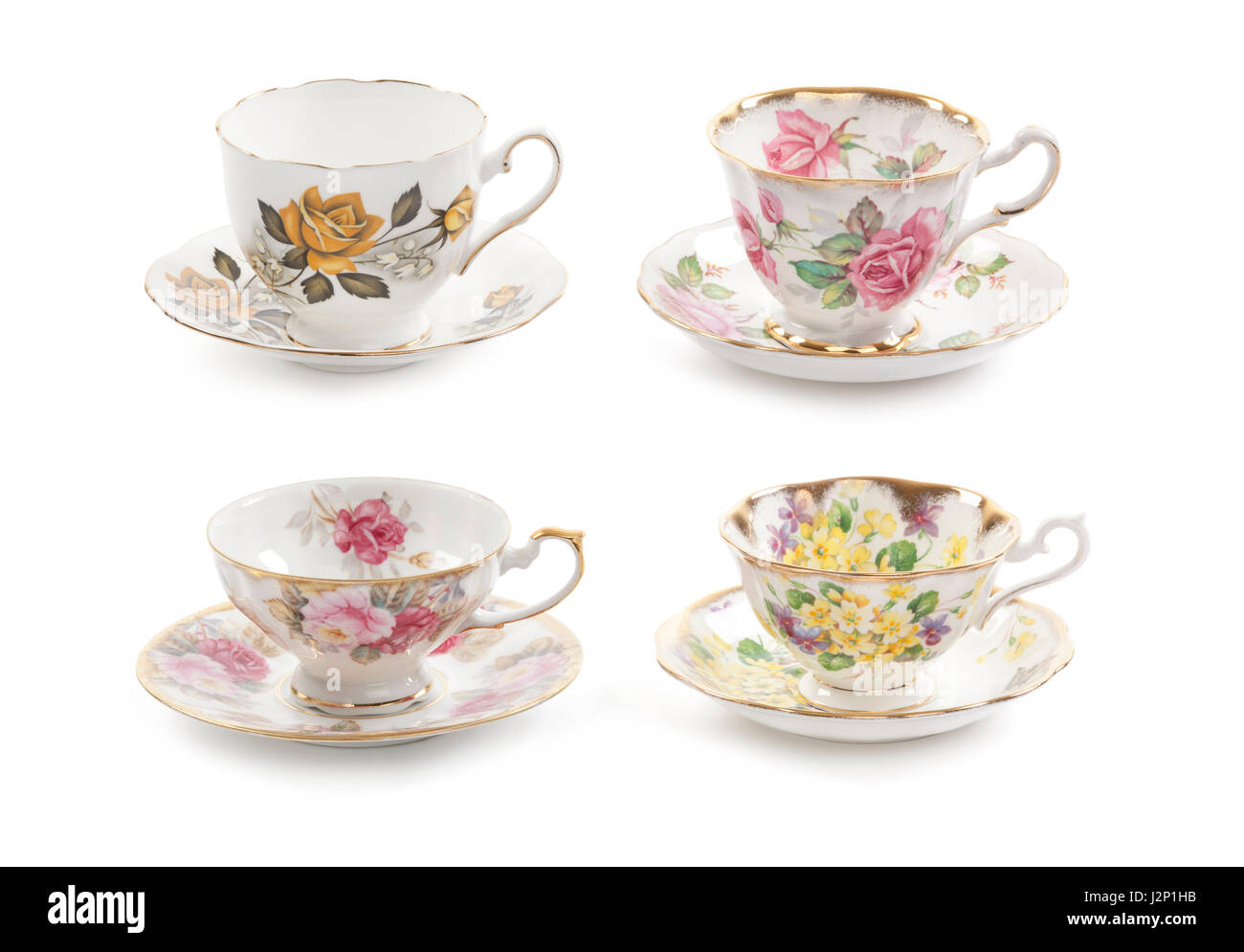 High resolution close-up of four beautiful antique tea cups with ...