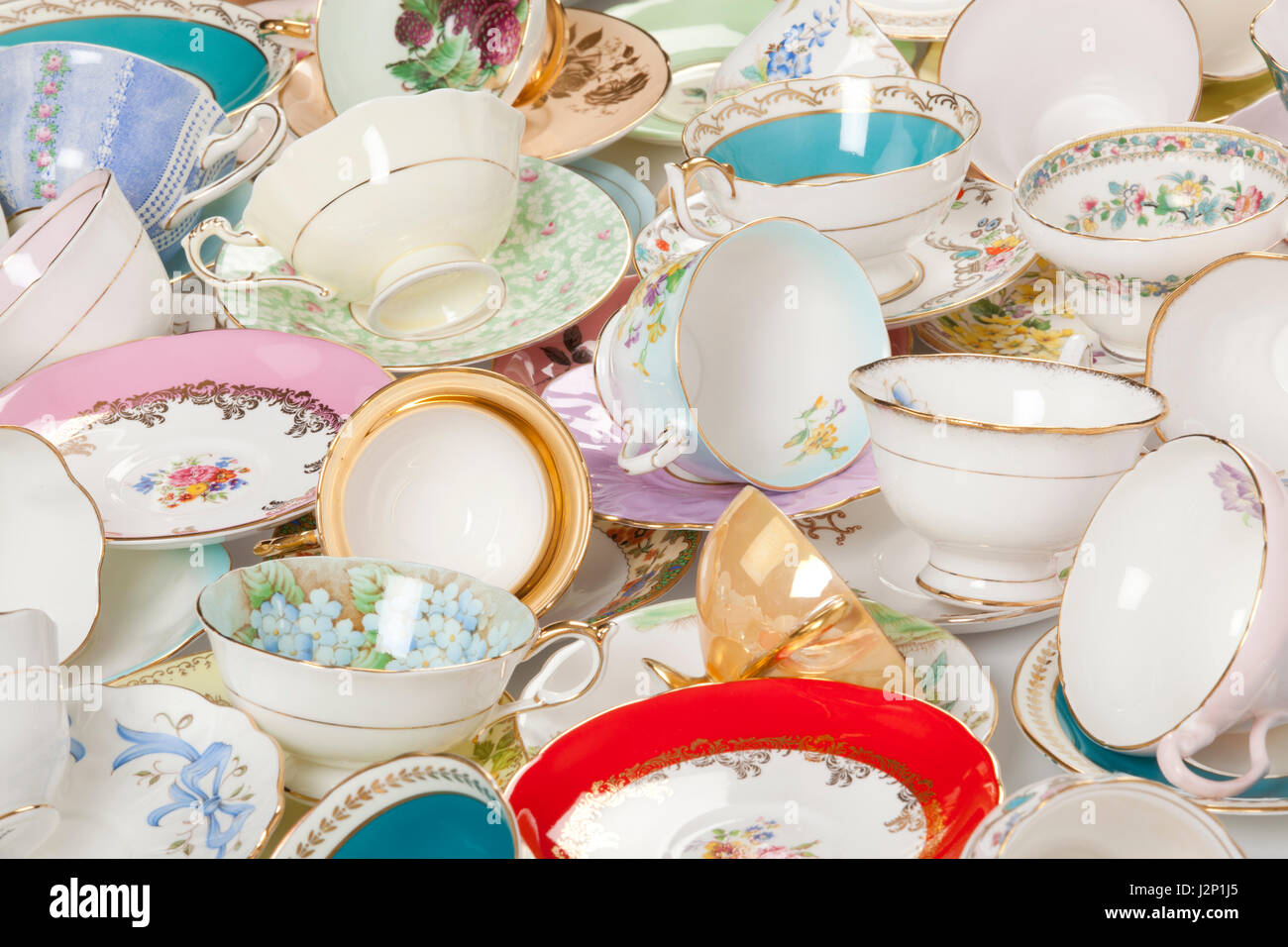 High resolution close-up of a beautiful antique tea cups and saucers ...