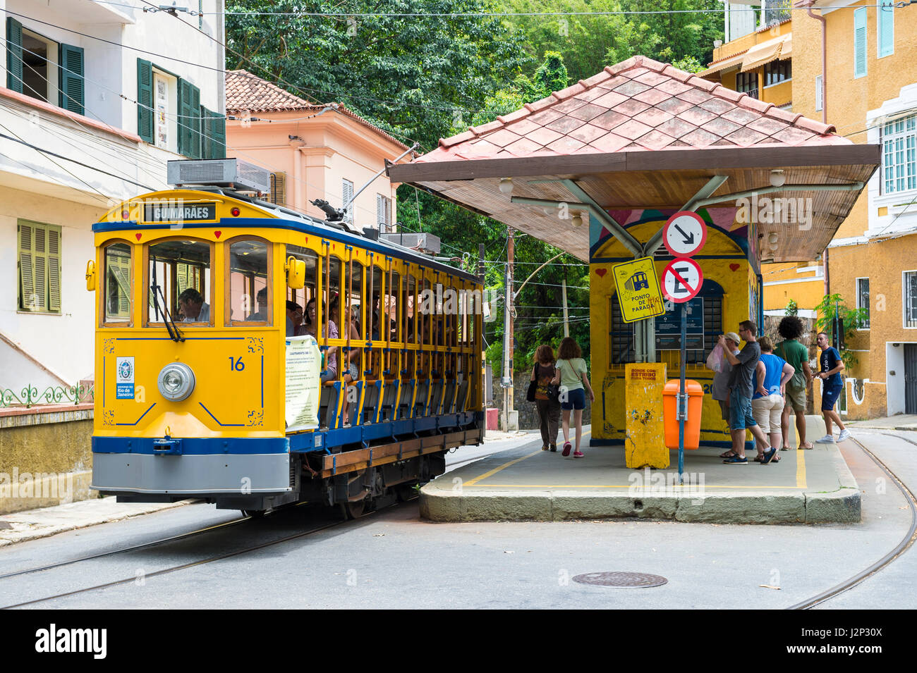 RIO DE JANEIRO - JANUARY 31, 2017: Traditional street trolley carries ...