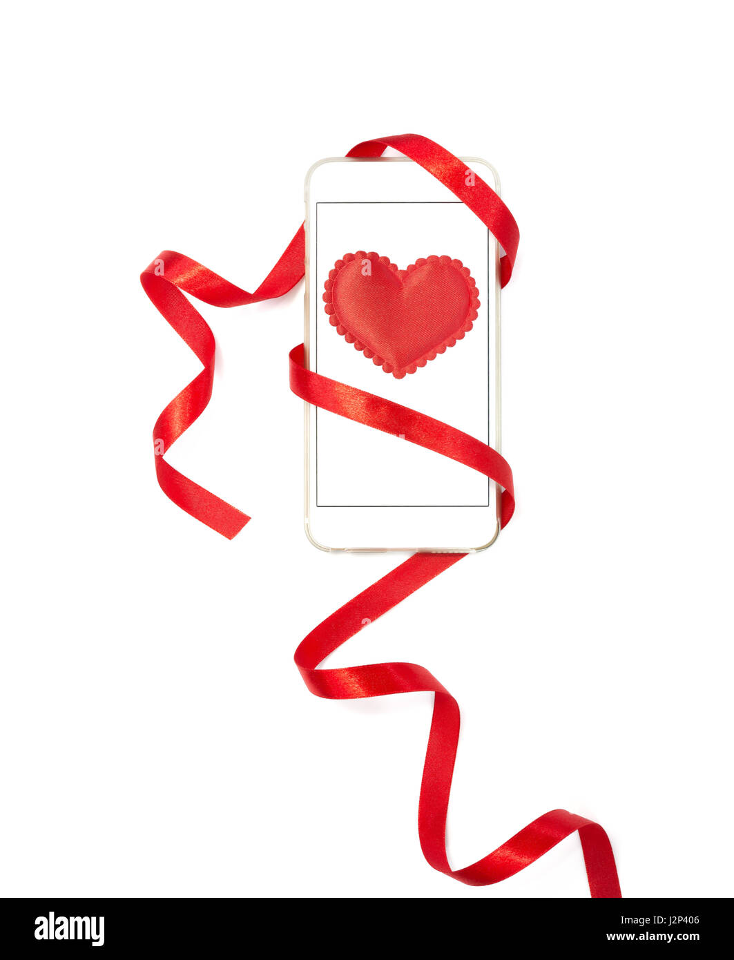 Phone wrapped in red ribbon with red heart in the center of screen ...