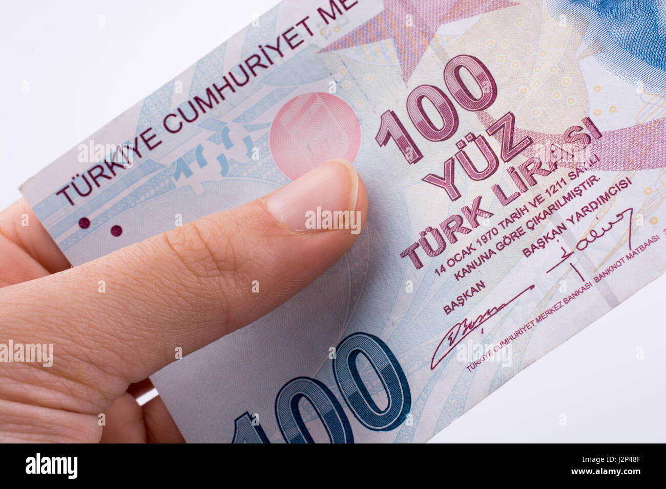 Hand holding 100 Turksh Lira banknotes on white background Stock Photo ...