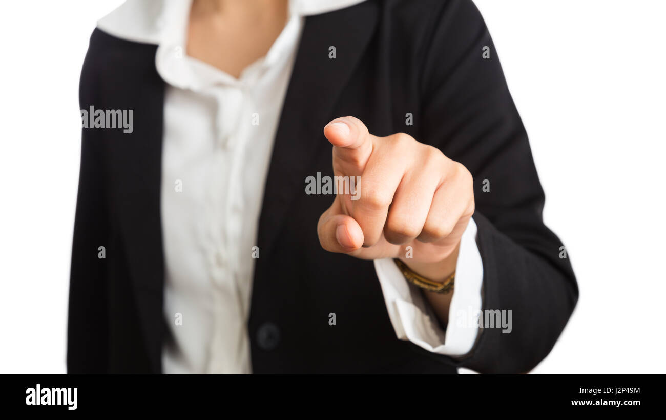 Female hand of business woman pointing index finger at viewer, or ...