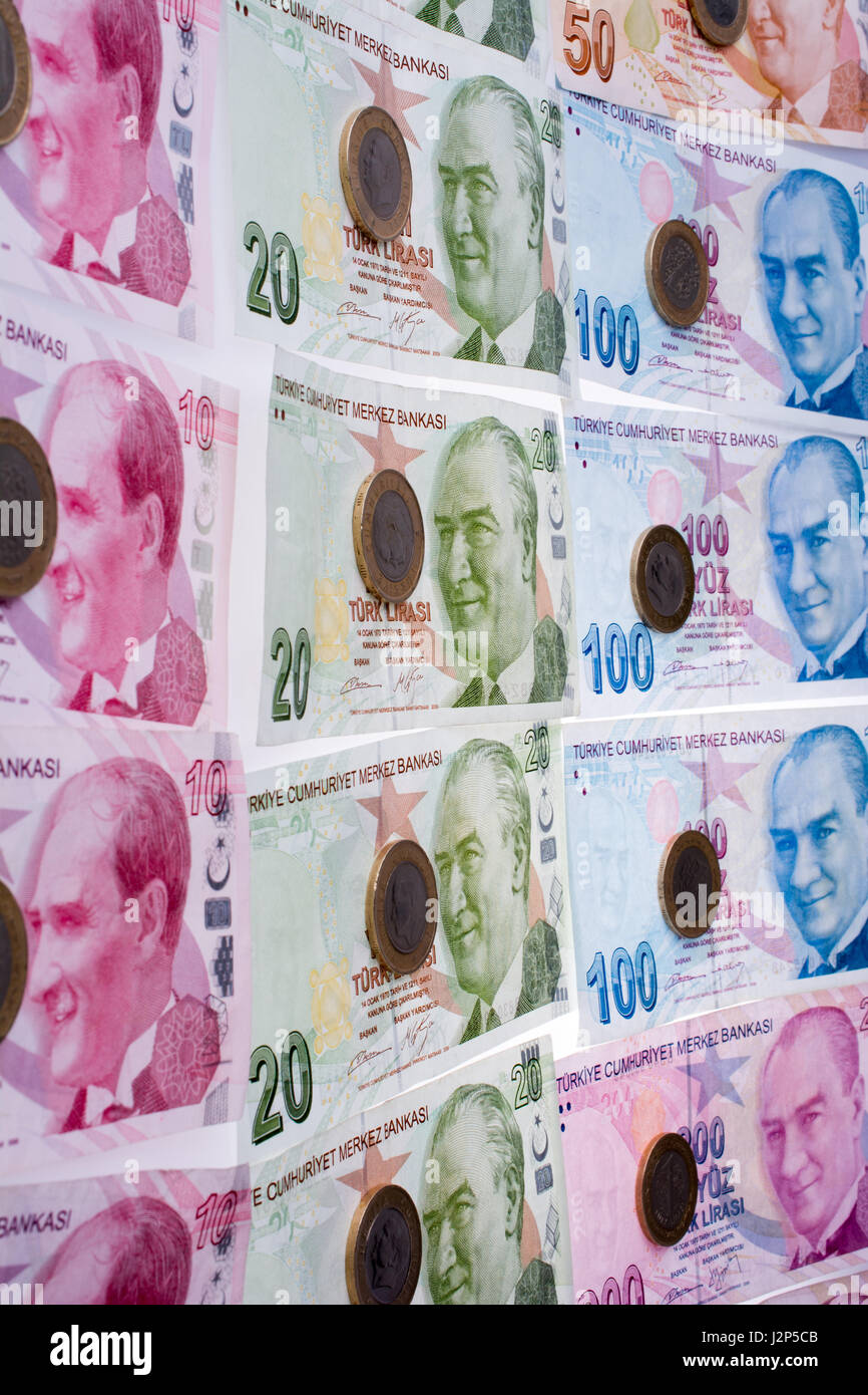Coins on the Turksh Lira banknotes of various color, pattern and value ...