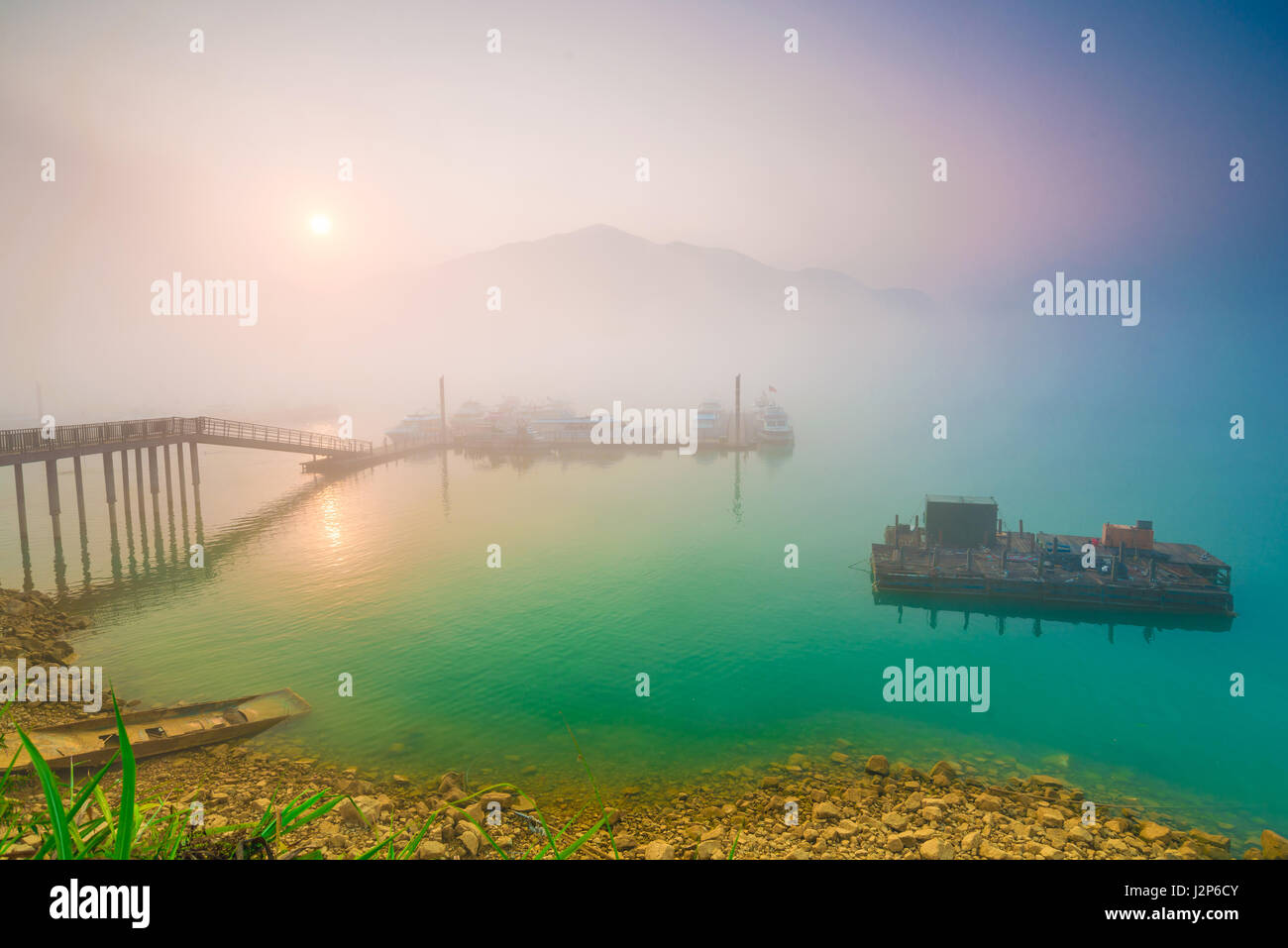 Sun Moon Lake at morning with fog, Taiwan Stock Photo - Alamy