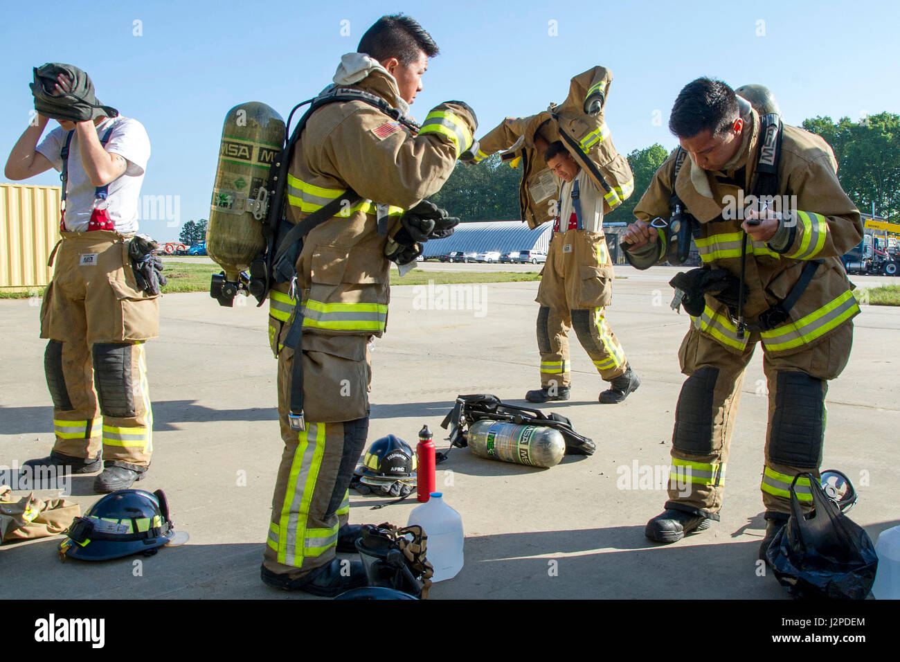 A team of Air Force Reserve firefighters prepare for a training ...