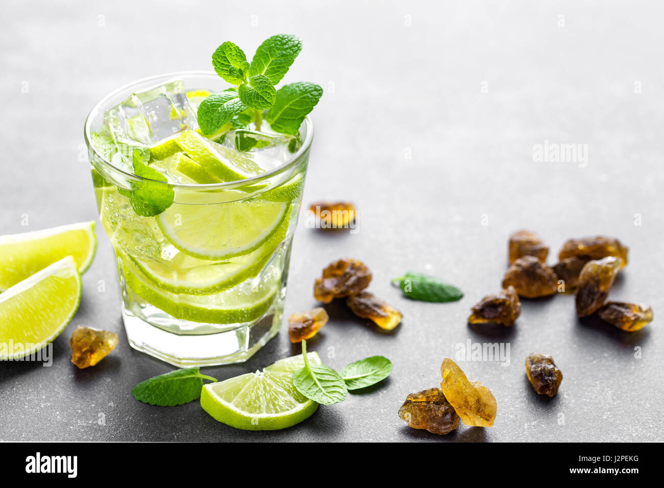 Summer mint lime refreshing cocktail mojito with rum and ice in glass ...