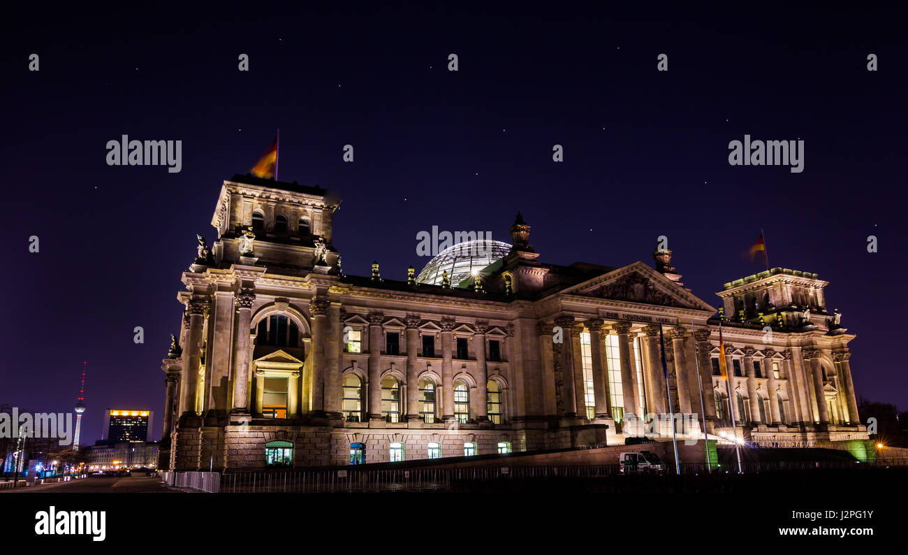 Night view of Reichstag building in Berlin, Germany. Building of ...