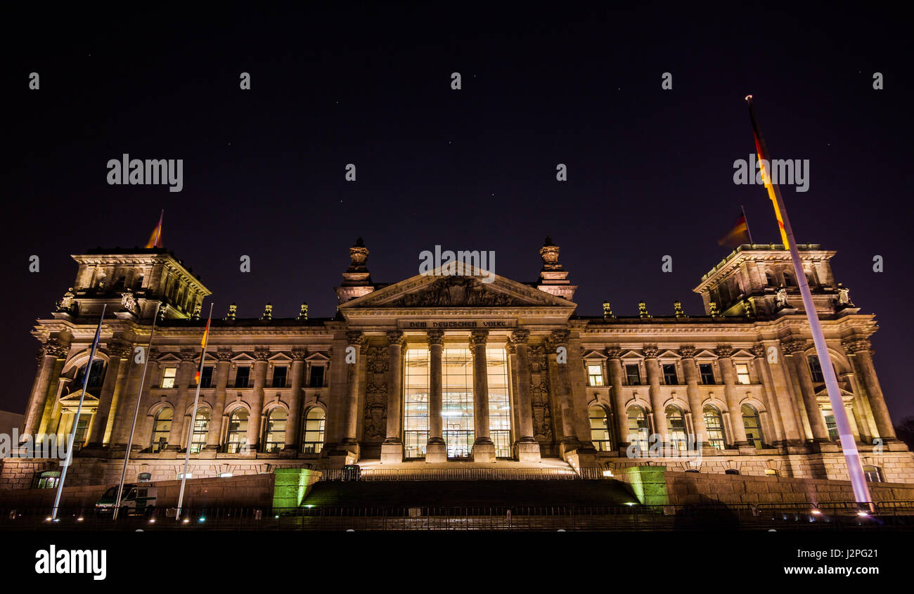 Night view of Reichstag building in Berlin, Germany. Building of ...