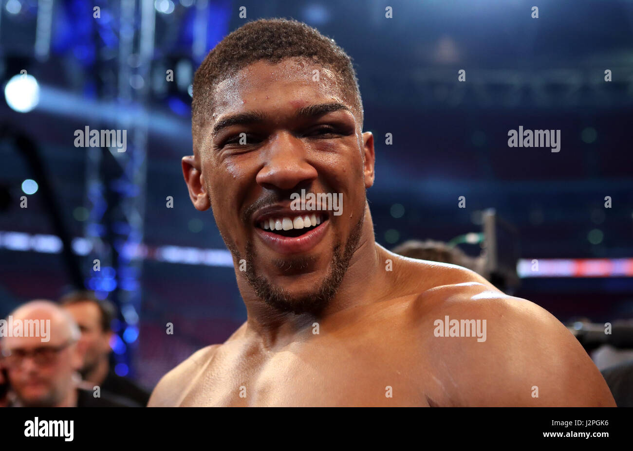Anthony Joshua following the IBF, WBA and IBO Heavyweight World Title ...
