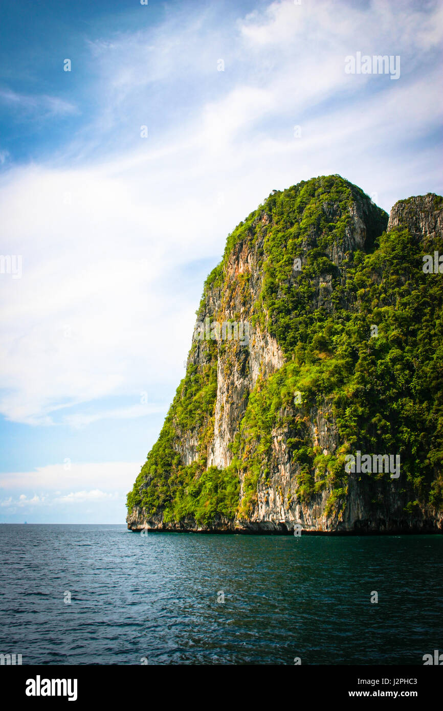 Great and large rocks in the ocean. Small islands with green forest and ...