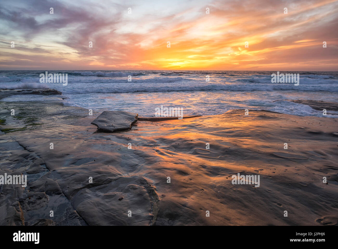 Coastal sunset with rocky coast, Hospital's Reef, La Jolla, California ...