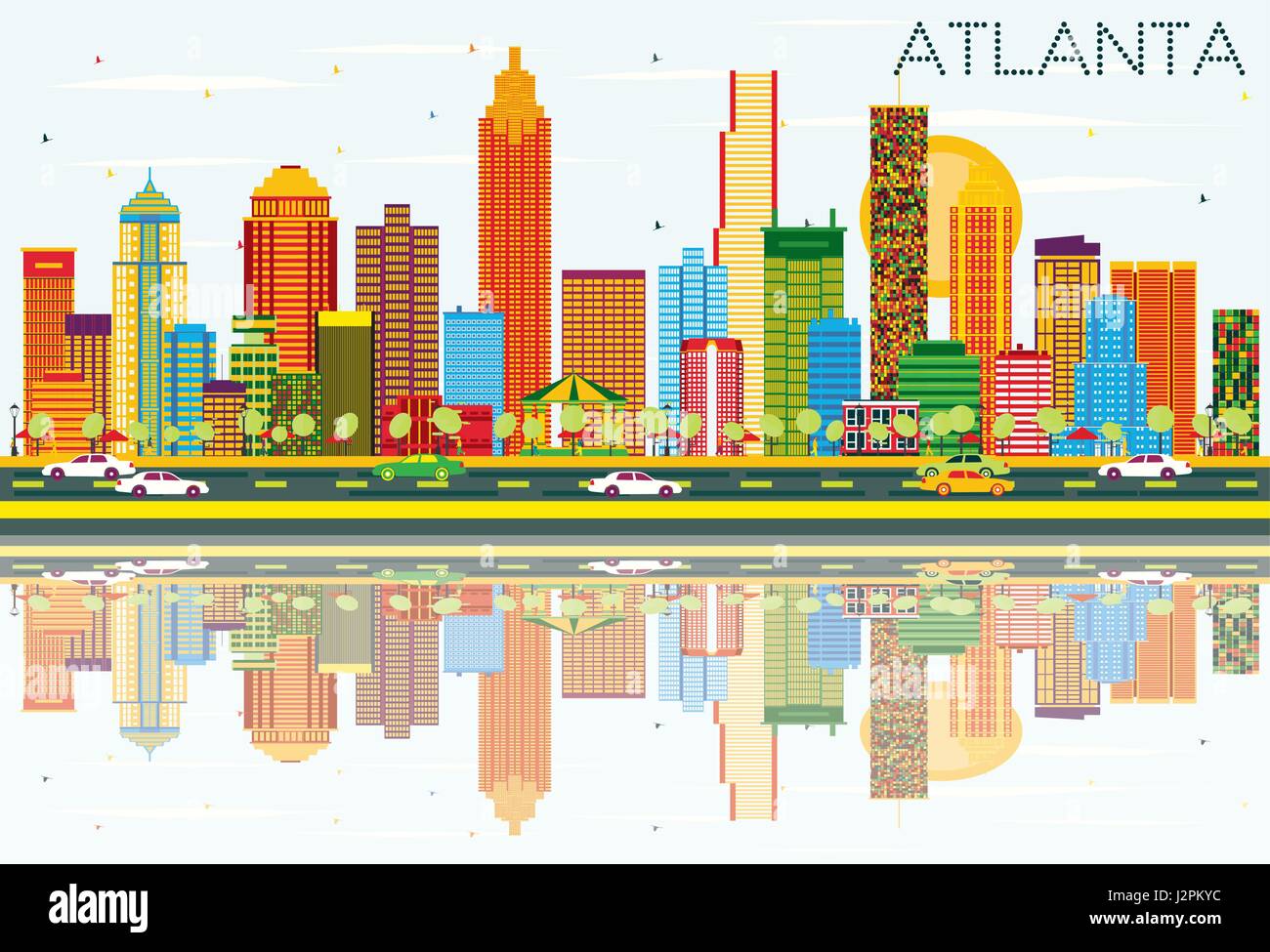Atlanta Skyline with Color Buildings, Blue Sky and Reflections. Vector ...