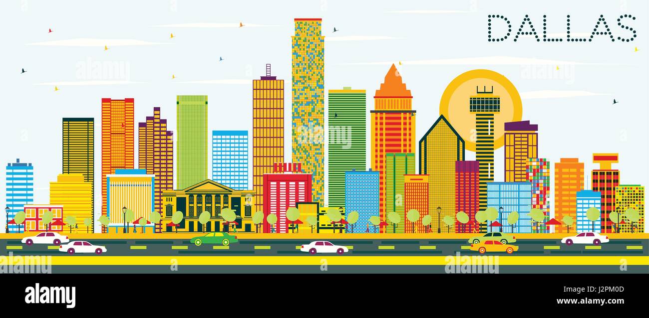 Dallas Skyline with Color Buildings and Blue Sky. Vector Illustration ...