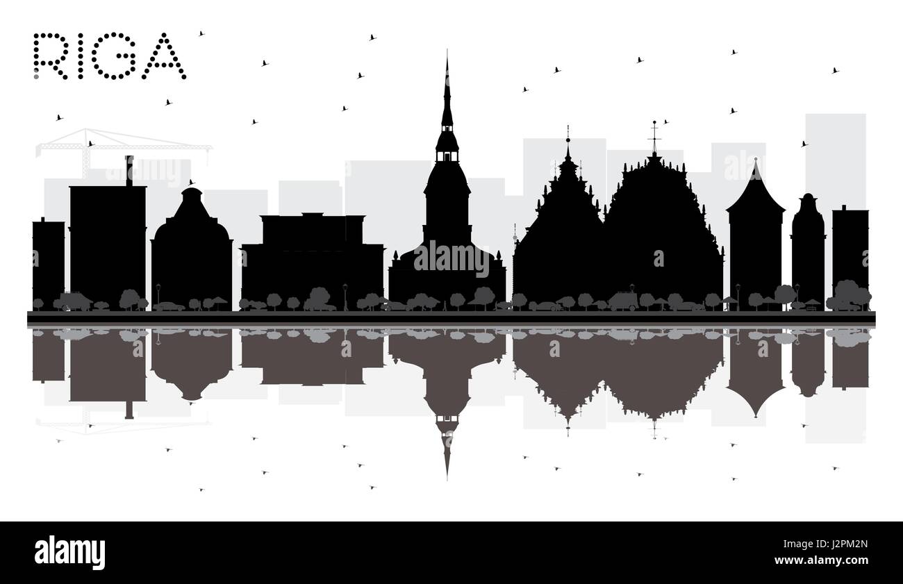 Riga City skyline black and white silhouette with reflections. Vector ...