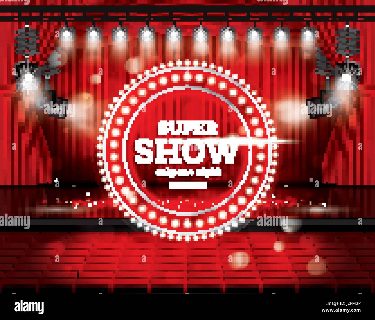 Super Show. Open Red Curtains with Spotlights. Vector Illustration ...