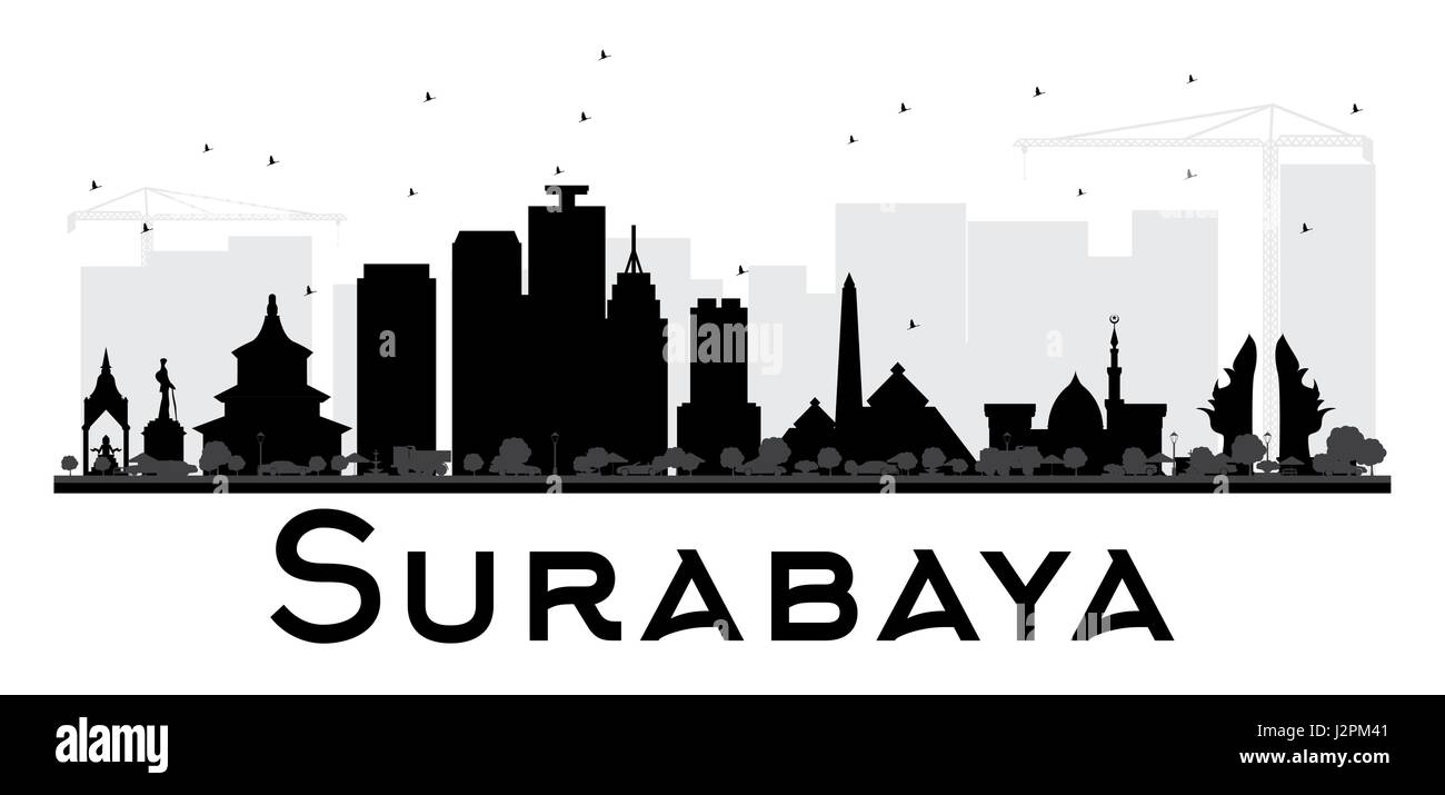 Surabaya City skyline black and white silhouette. Vector illustration ...
