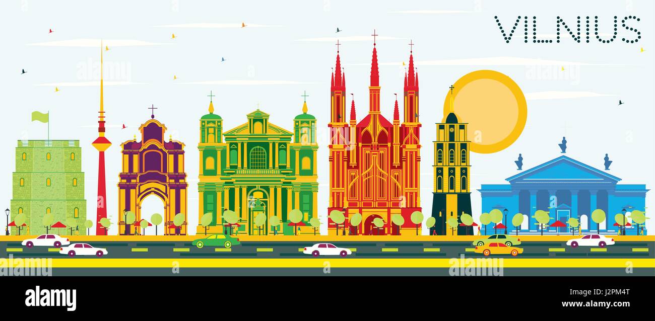 Vilnius Skyline with Color Buildings and Blue Sky. Vector Illustration ...