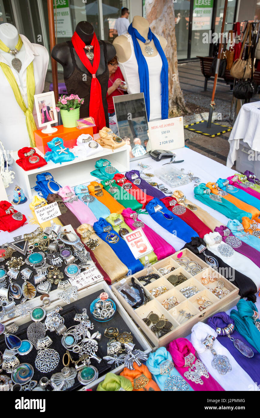 Market stall in Manly Beach Sydney selling womens scarves and brooches ...