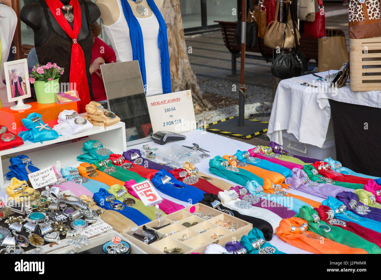 Market stall in Manly Beach Sydney selling womens scarves and brooches ...