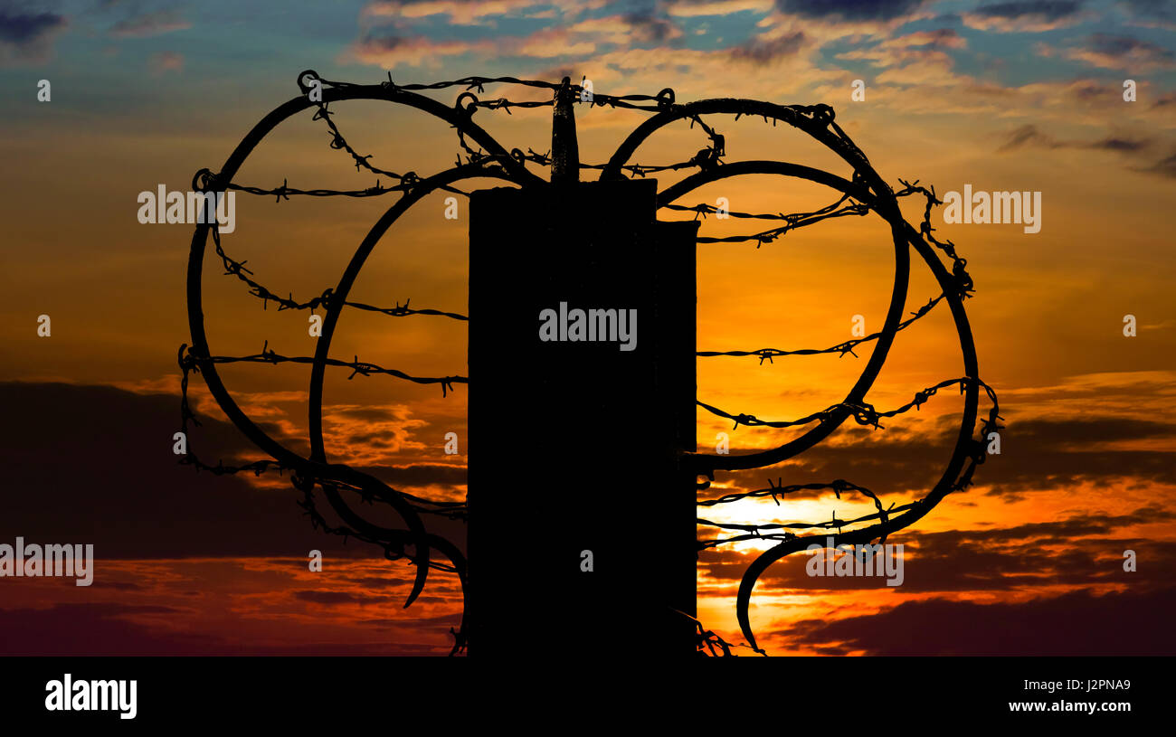 Barbed wire on sunset sky background Stock Photo - Alamy