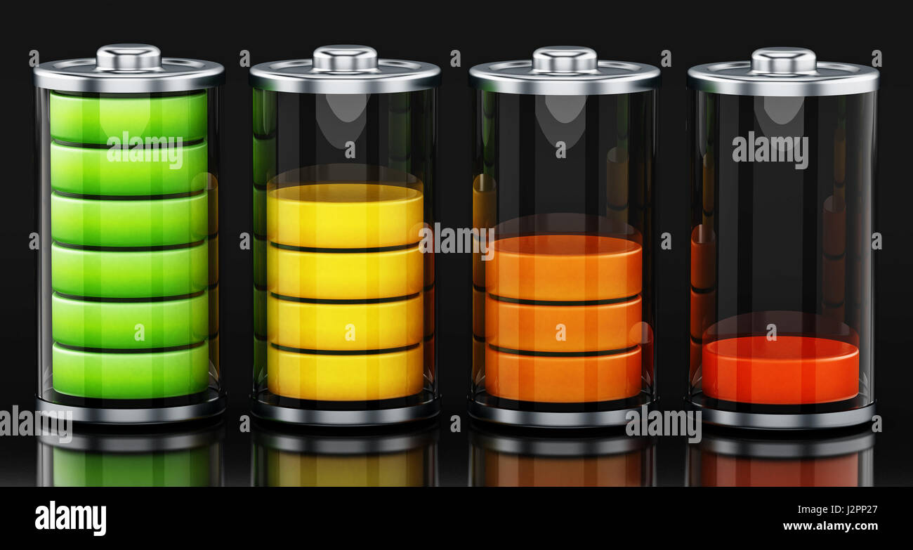 Four different battery levels on black background. 3D illustration ...