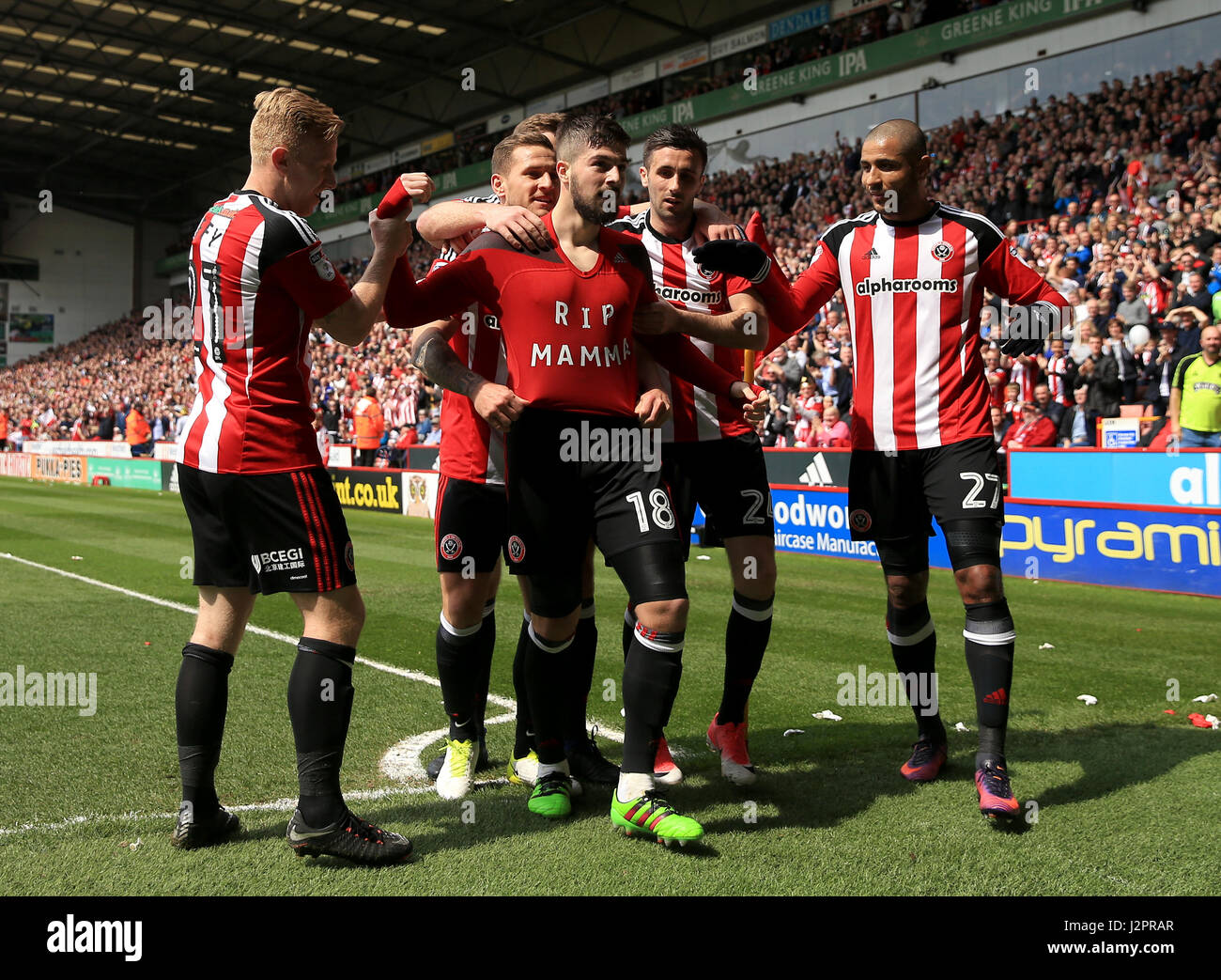 Sheffield United's Kieron Freeman (centre) celebrates scoring his side ...