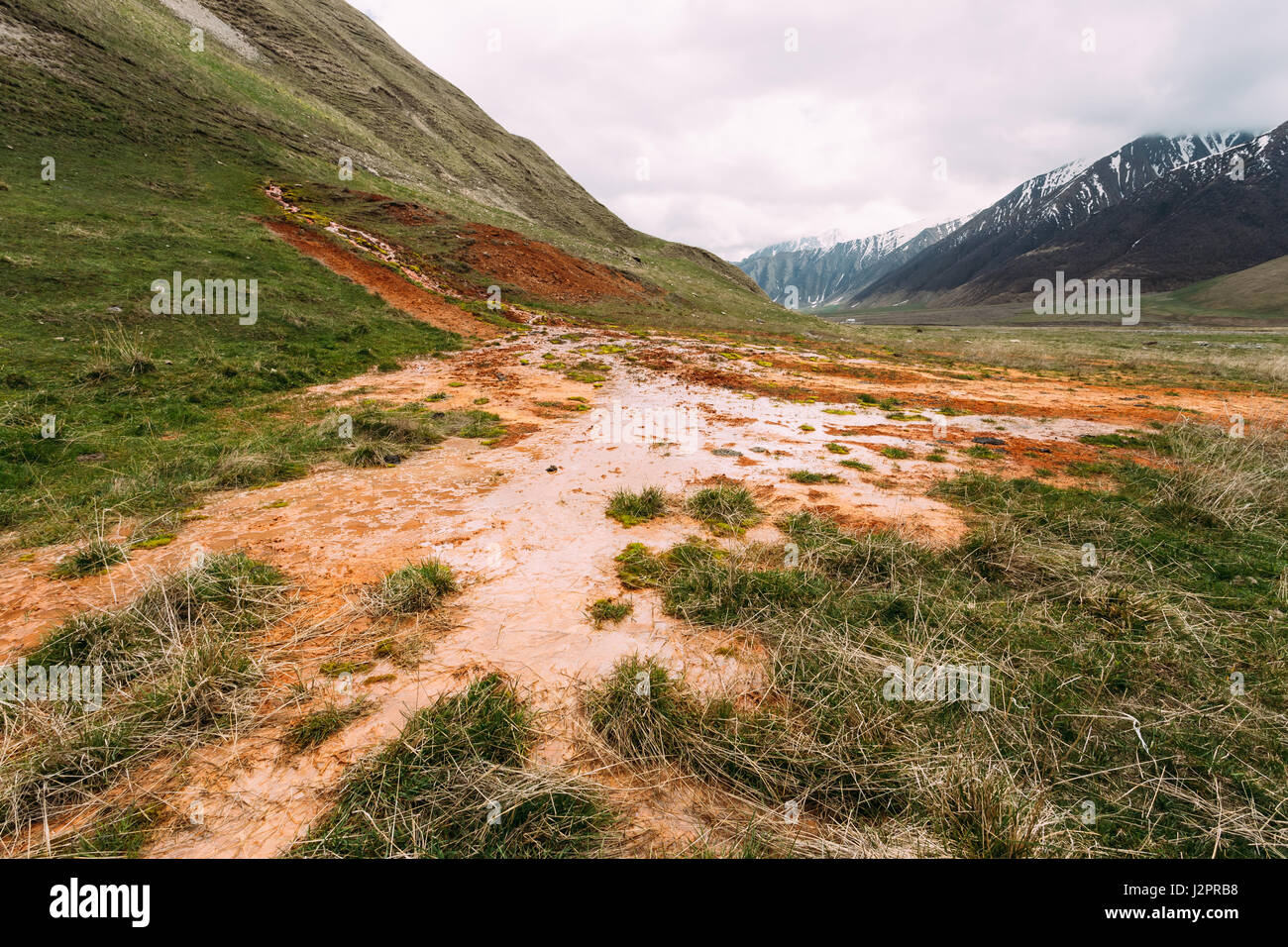 Spring Landscape With Mineral Springs On Ground In Truso Gorge In ...
