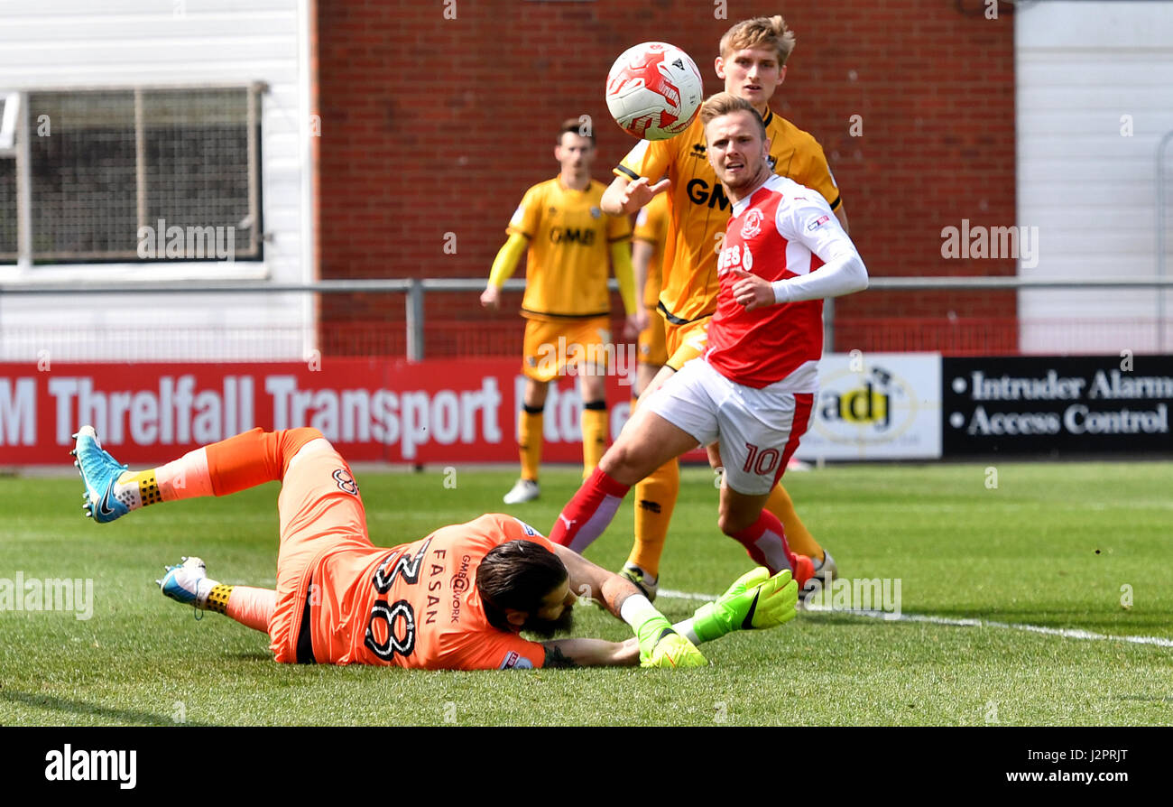 Fleetwood's JJ Hooper sees his shot saved by Port Vale's Leonardo Fasan ...