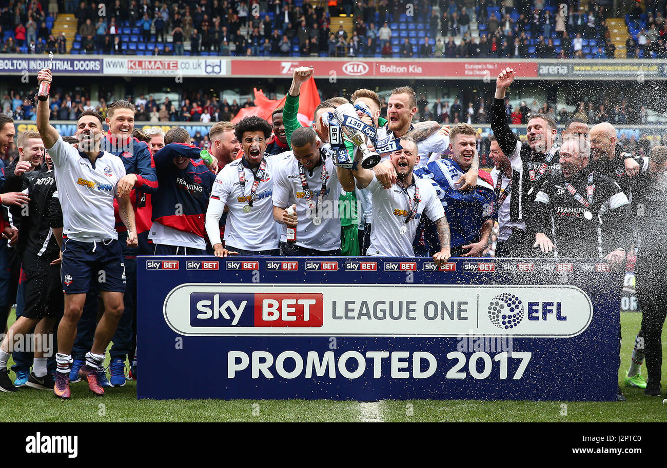 Bolton's players and coaching staff celebrate promotion to the ...