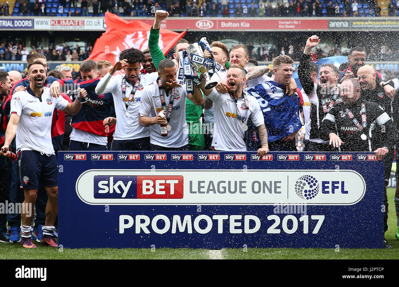 Bolton's players and coaching staff celebrate promotion to the ...
