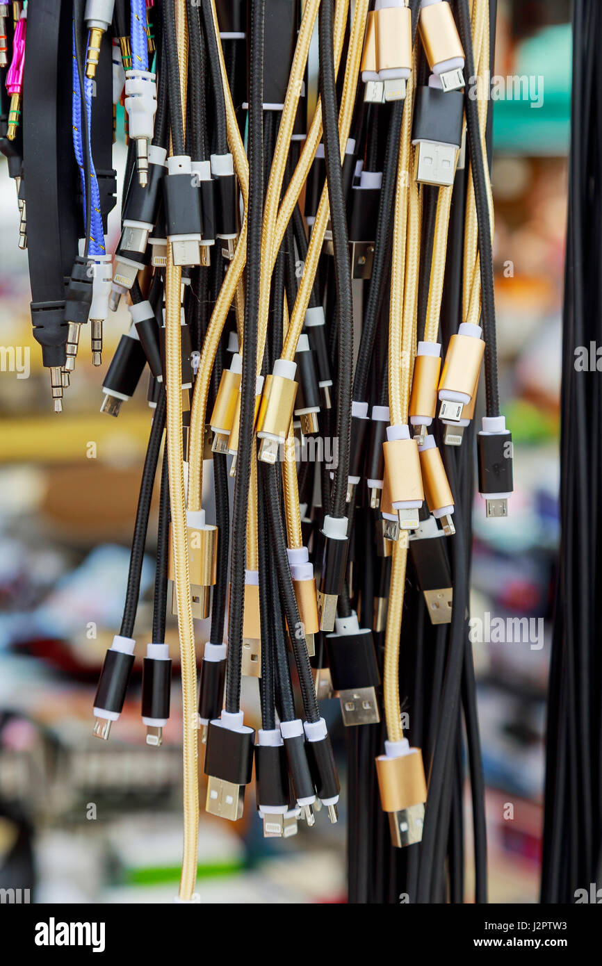 Set of wires to computer technics SET USB wires Stock Photo - Alamy